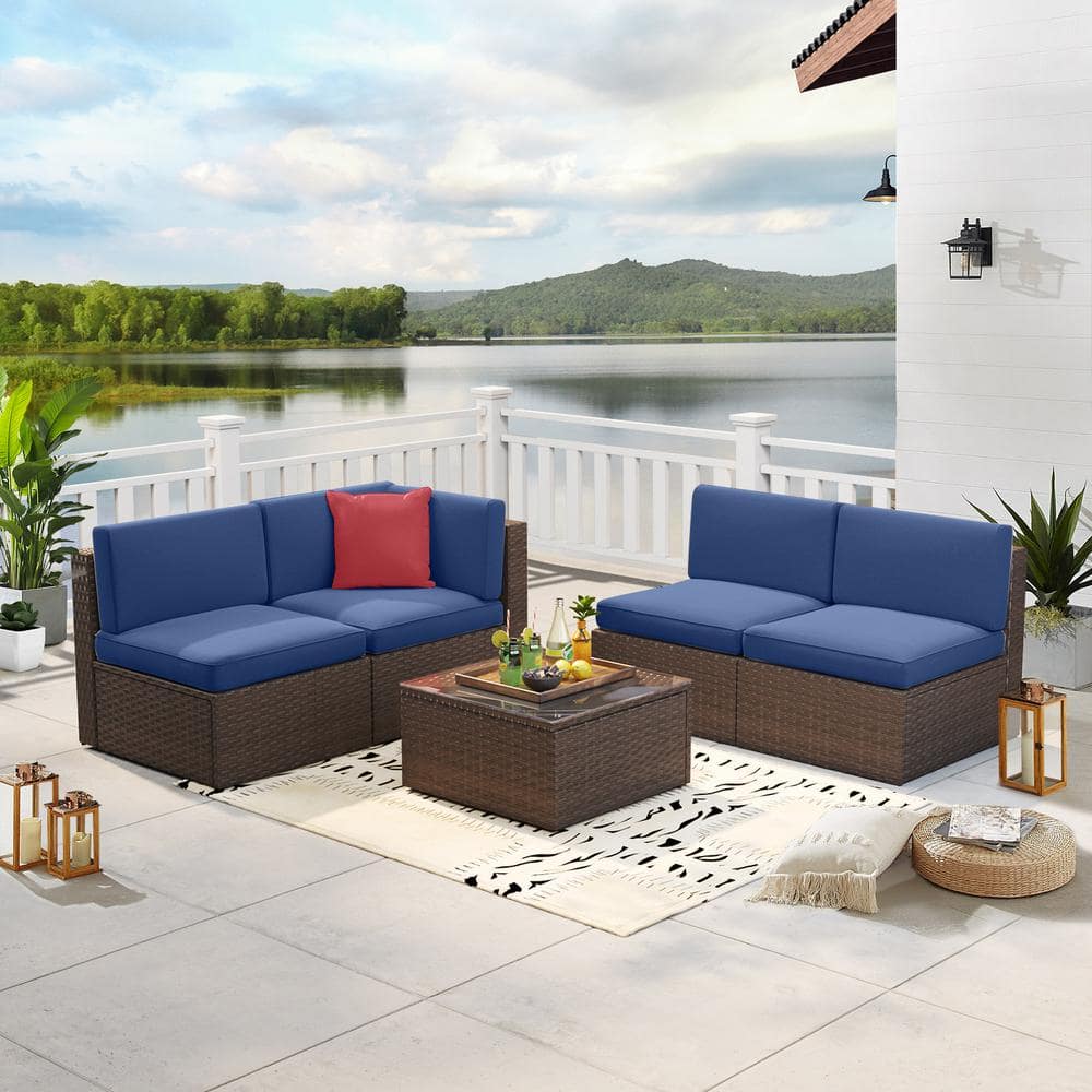 Sizzim 5-Piece Wicker Patio Conversation Set with Blue Cushions Outdoor ...