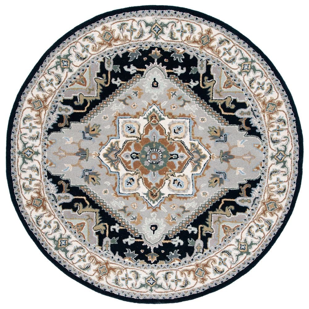 SAFAVIEH Heritage Gray/Navy 8 ft. x 8 ft. Border Floral Medallion Round ...