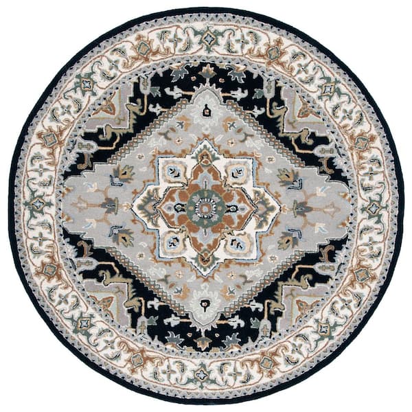 SAFAVIEH Heritage Gray/Navy 8 ft. x 8 ft. Border Floral Medallion Round ...