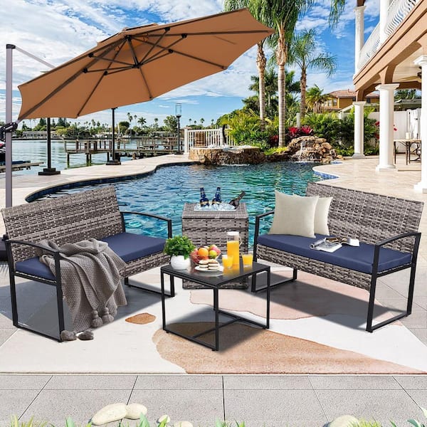 4-Piece Gray Wicker Patio Conversation Set with Built-in Beverage ...