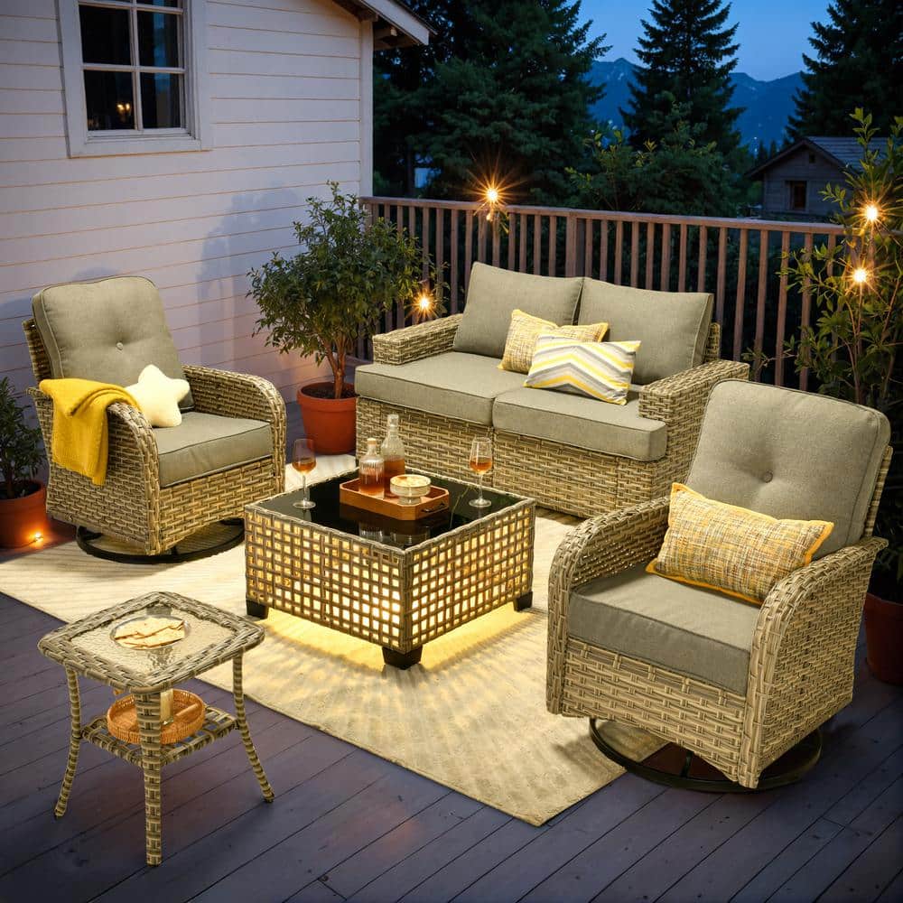 OVIOS Tiberte Gray 6-Piece Wicker Patio Conversation Seating Set with ...