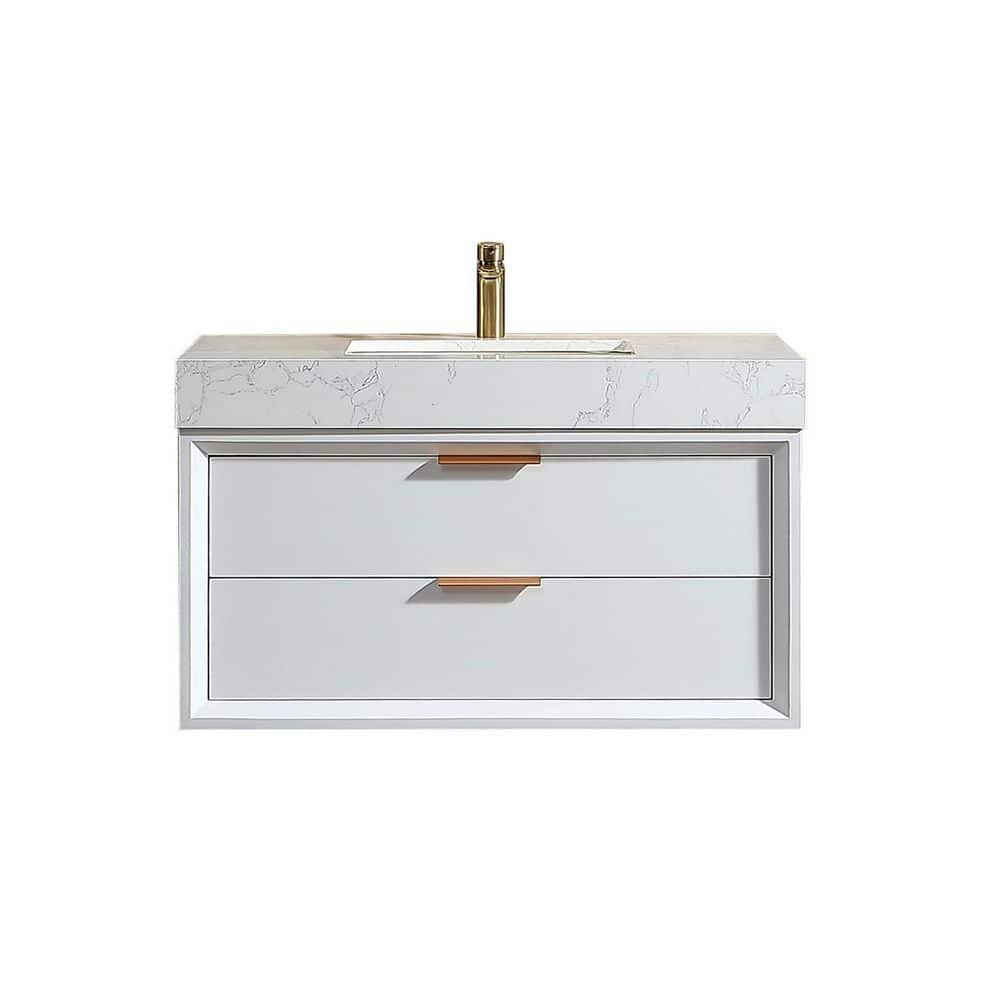 Liviza Bevel 36 in. Single Floating White Solid Wood Bath Vanity with ...