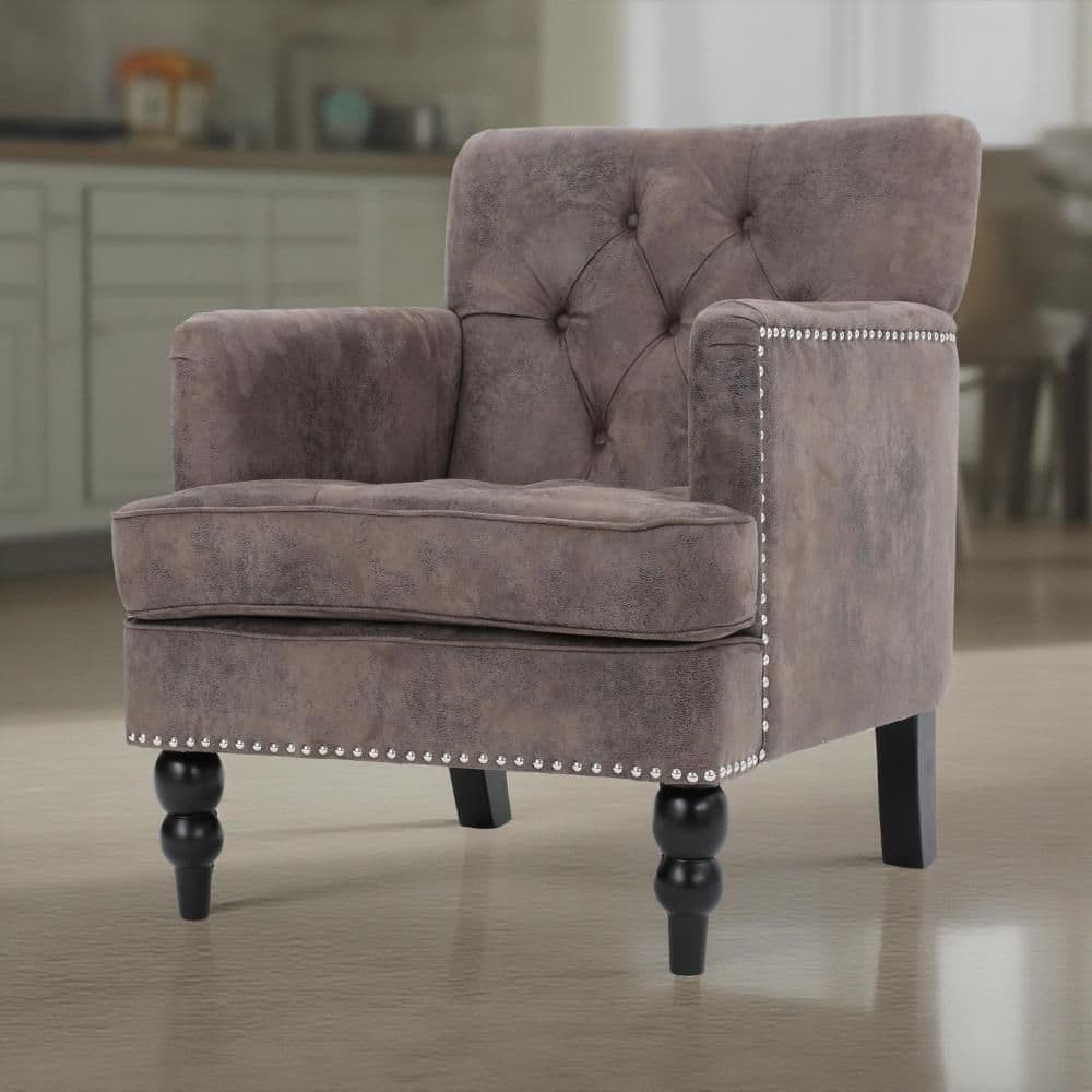 Benjara Lit Brown and Gray Microfiber Accent Chair with Button Tufted ...