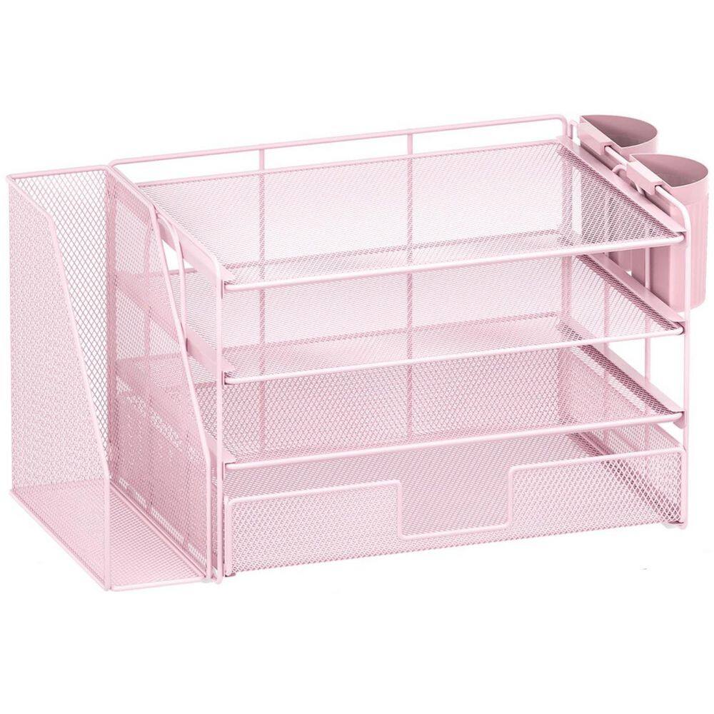 Pink 15.5 in. x 9.3 in. Metal 4-Tier Desk Organizer w/ Drawer and 2-Pen ...