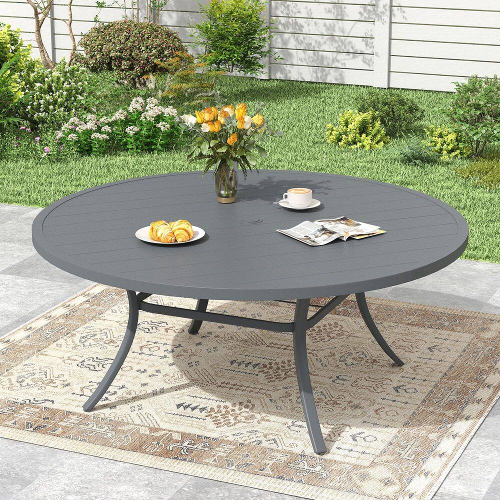 DIFY Gray 60 in. Round Outdoor Patio Table, All-Weather Metal Dining ...