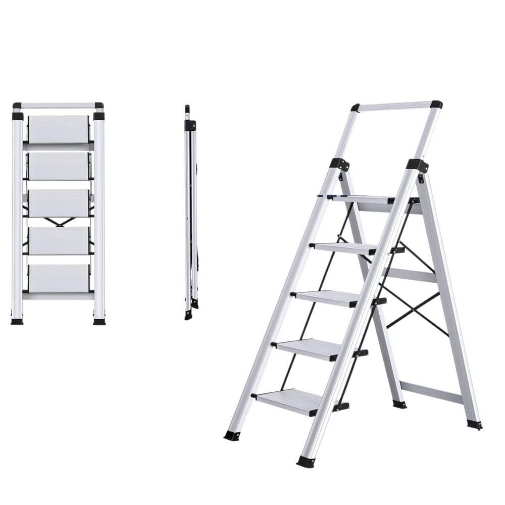 KIWDZFU 50 in. H 5 Step Aluminum Folding Ladder w/ Retractable Handgrip ...