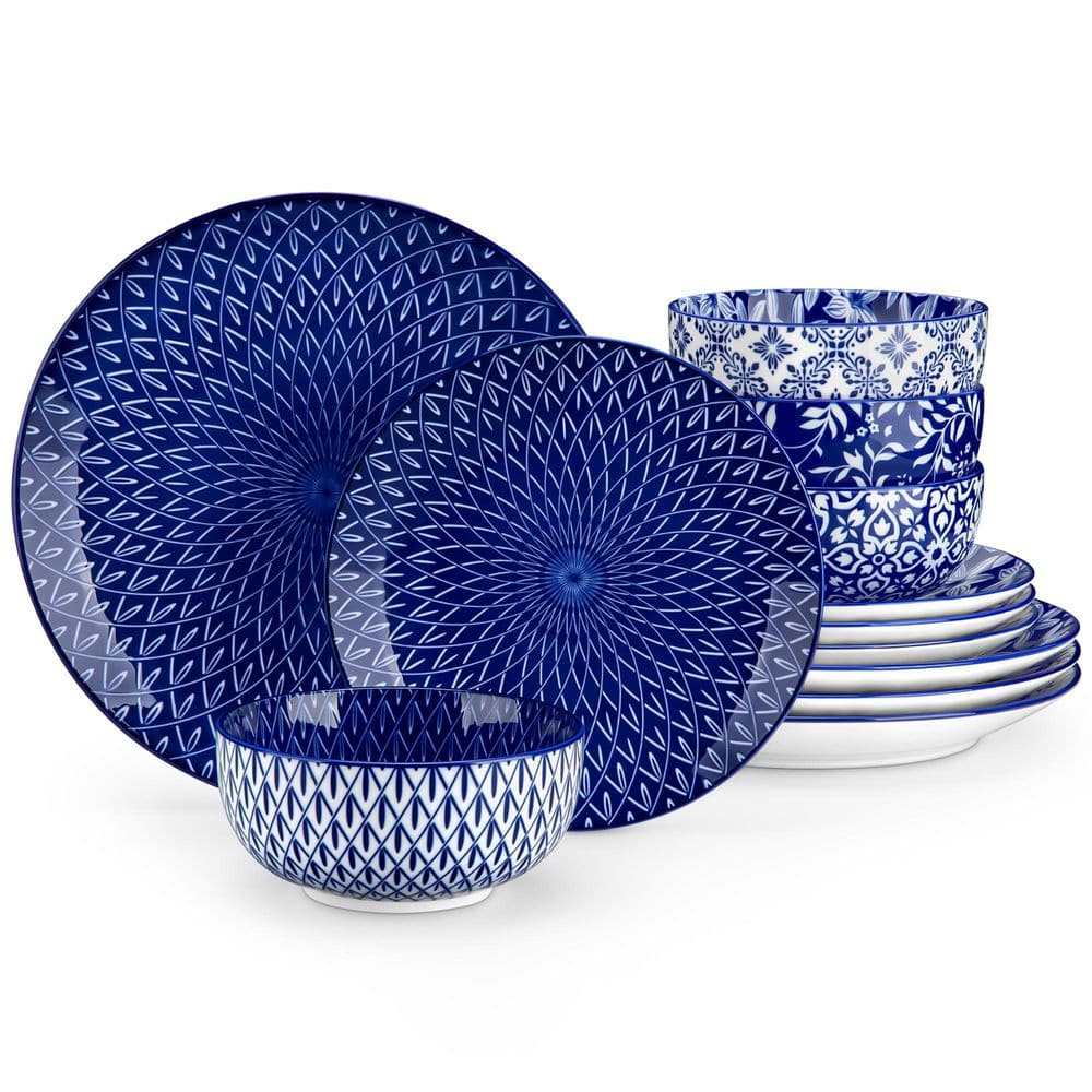vancasso 12-Piece Blue Porcelain Dinnerware Set Service for 4-Bowls and ...