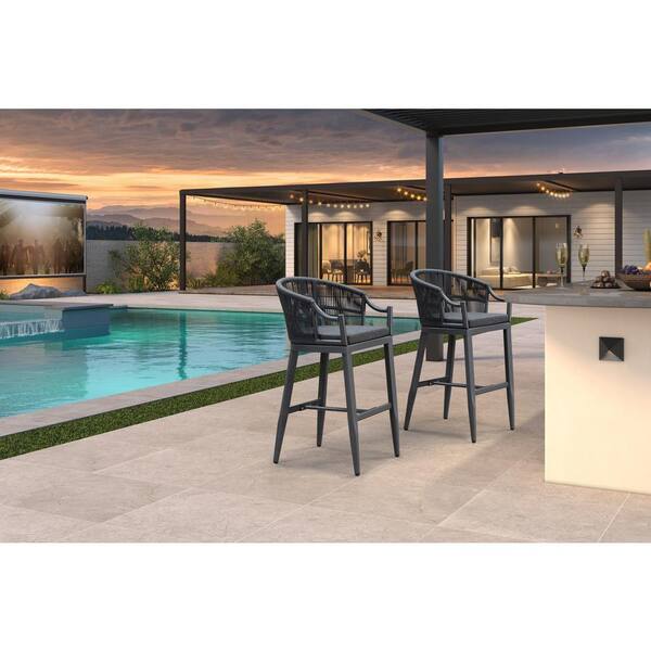 Modern Boho Metal Bar Height Rattan Outdoor Bar Stool Chairs with Ergonomic Armrest and Cushion Gray 2 Pack