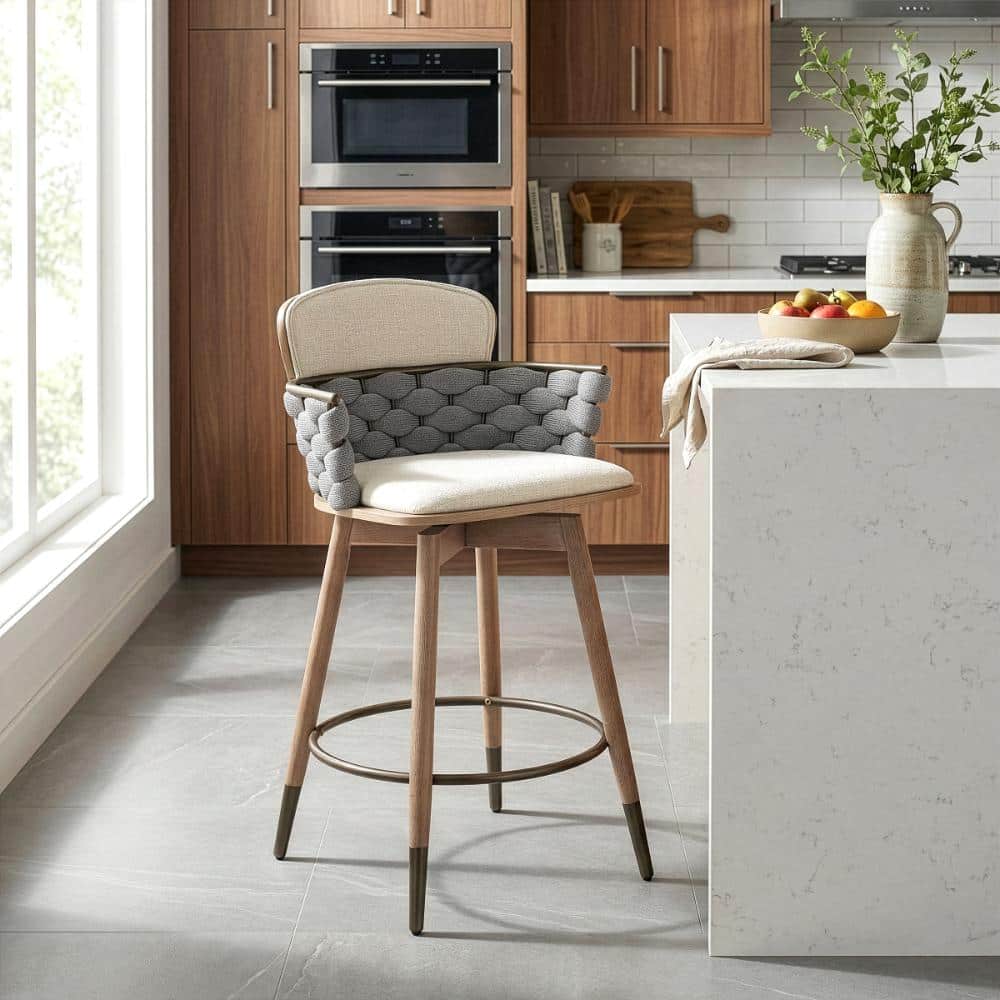 Glamour Home Bechor 25 in. Beige and Gray Wood Counter Stool with Woven ...