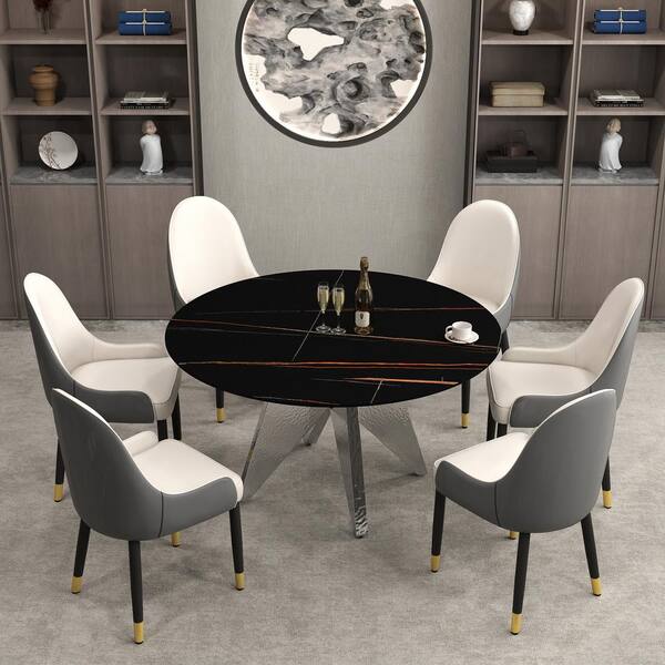 Magic Home 53.1 in. Black Round Sintered Stone Tabletop Silver Pedestal ...