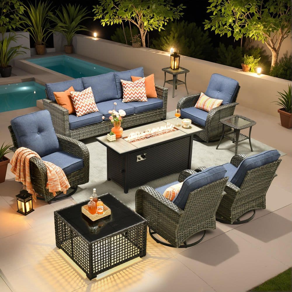 weaxty W Lotus Gray 9-Piece Wicker Patio Fire Pit Conversation Sofa Set ...