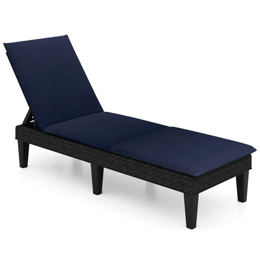 LIVIZA Black 1-Piece Metal and Wicker Outdoor Chaise Lounge with Navy ...