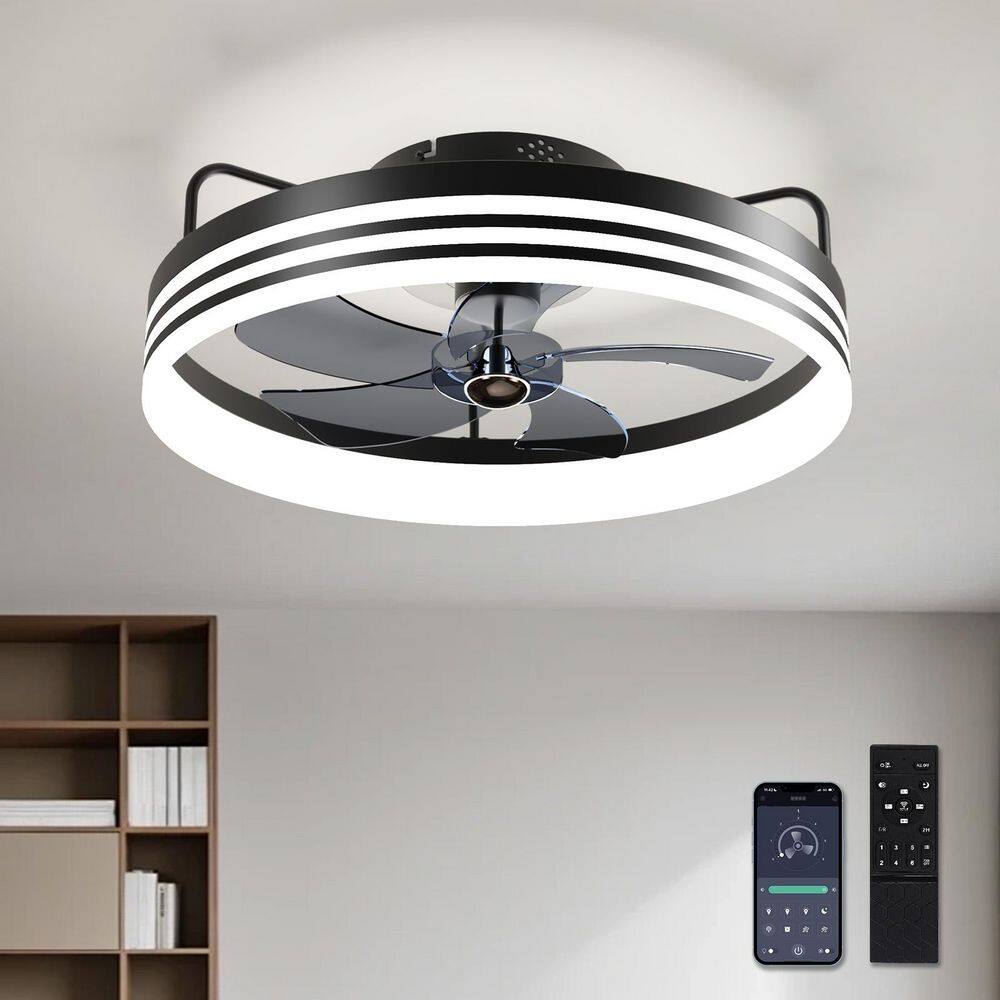 LuminFan 20 in. LED Indoor Black Flush Mount Ceiling Fan with Light ...