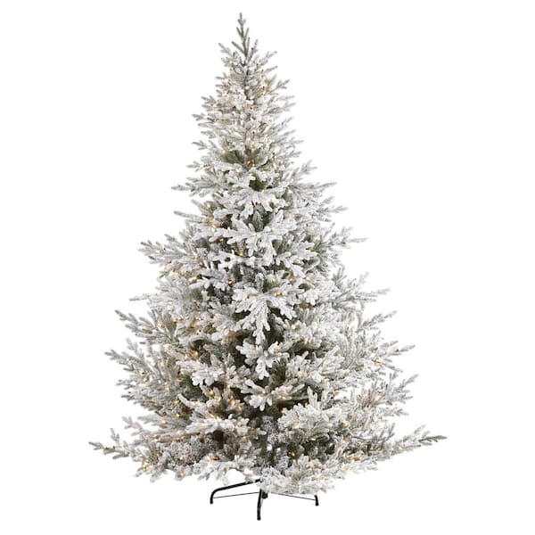 Nearly Natural 8 ft. Pre-Lit Flocked Fraser Fir Artificial Christmas Tree with 800 Warm White ...