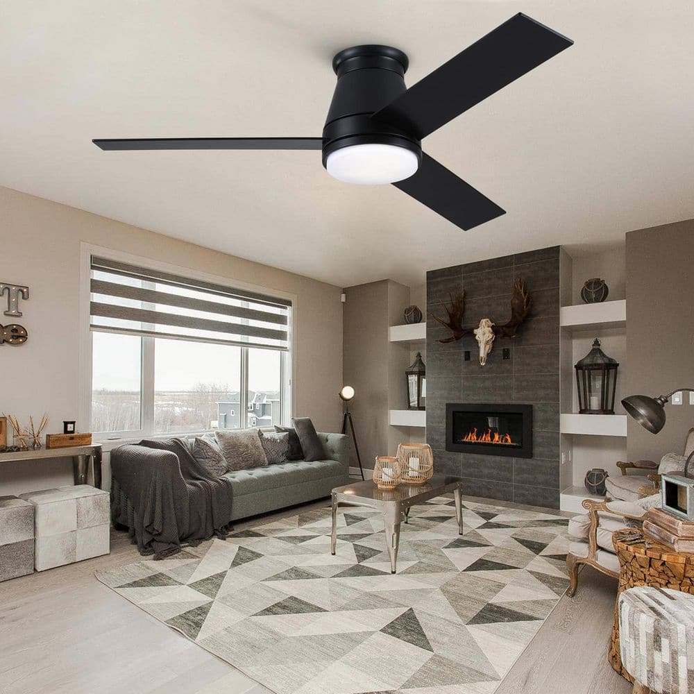 Keazile 48 in. Black Downrod Mount Ceiling Fan with 3 Wood Blades, LED ...