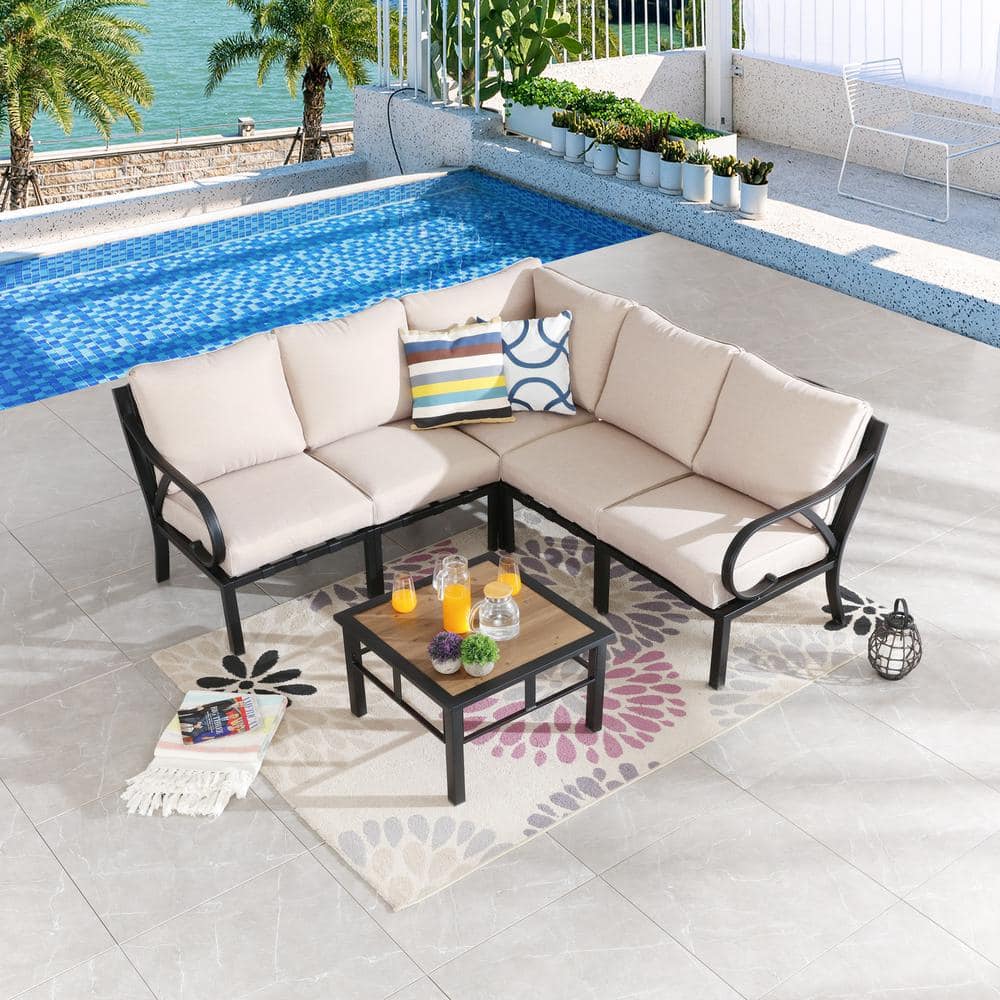Patio Festival 6-Piece Metal Patio Conversation Set with Beige Cushions ...