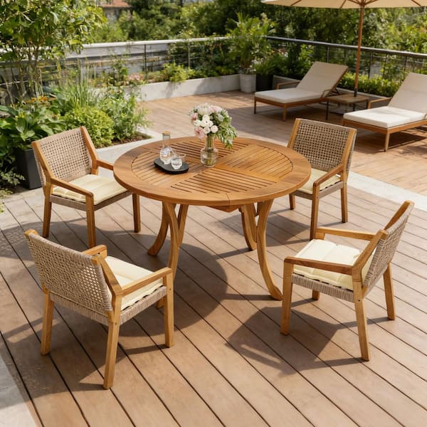 5-Piece Brown Acacia Wood Outdoor Dining Set with Cream Cushions and ...