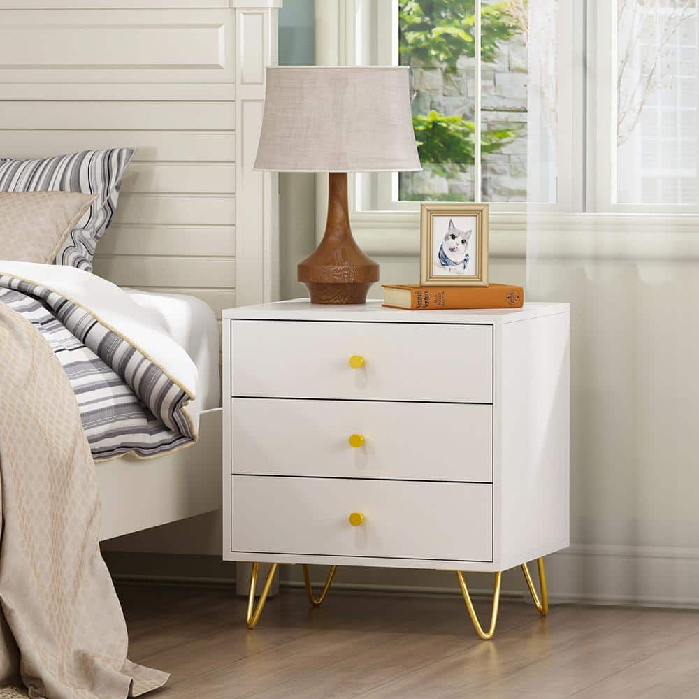 3 Drawer White Nightstands with Metal Legs Bedside Table 15.7 in. D x 19.6 in. W x 21.6 in. H