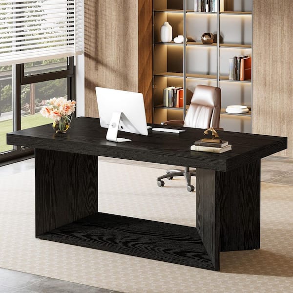 BYBLIGHT Lanita 63 in. Rectangle Black Wood Executive Desk with Heavy ...