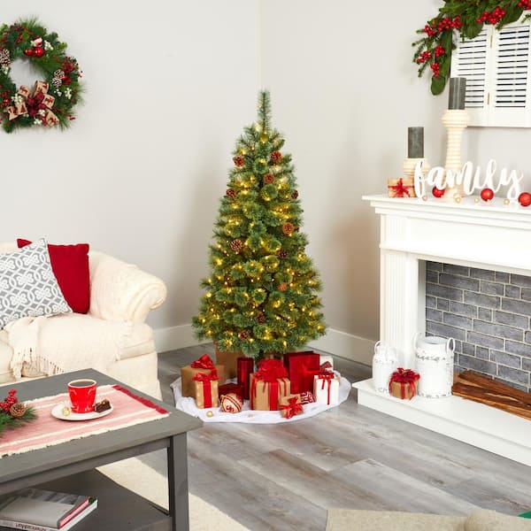 Nearly Natural 5 ft. Pre Lit White Mountain Pine Artificial Christmas Tree with 200 Clear LED Lights and Pine Cones T1640 The Home Depot