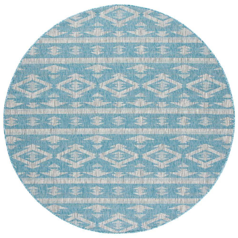 SAFAVIEH Courtyard Aqua/Gray 7 ft. x 7 ft. Round Geometric Indoor ...