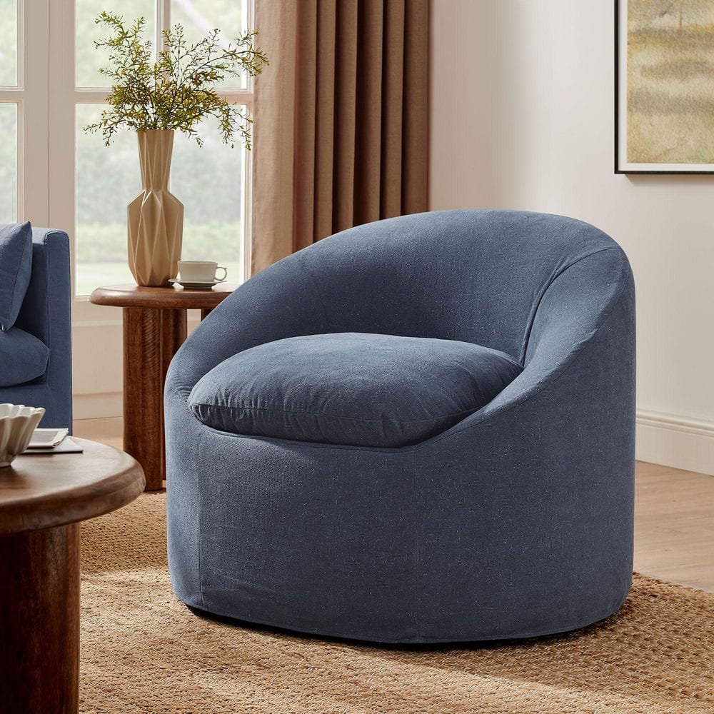 MODWAY Sadie Denim Blue Fabric Slipcovered Linen-Blend Round Accent ...