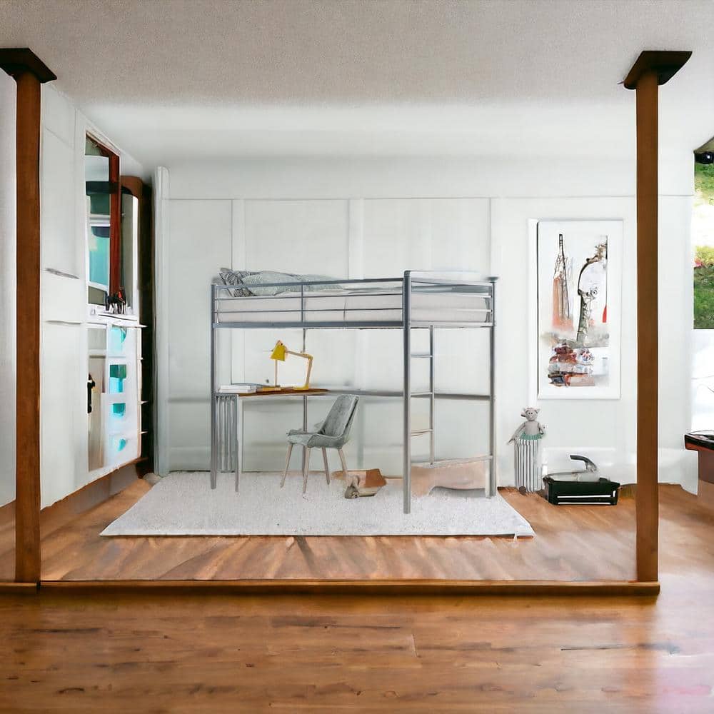 HomeRoots Charlie Silver Twin Loft Bed with Desk 65 in. H x 78 in. W x ...