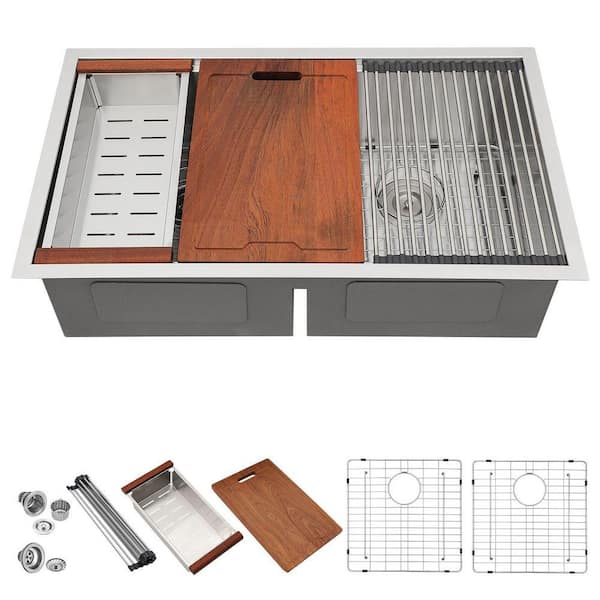 LORDEAR 32 in. Low Divide Undermount Workstation Kitchen Sink 50/50 ...