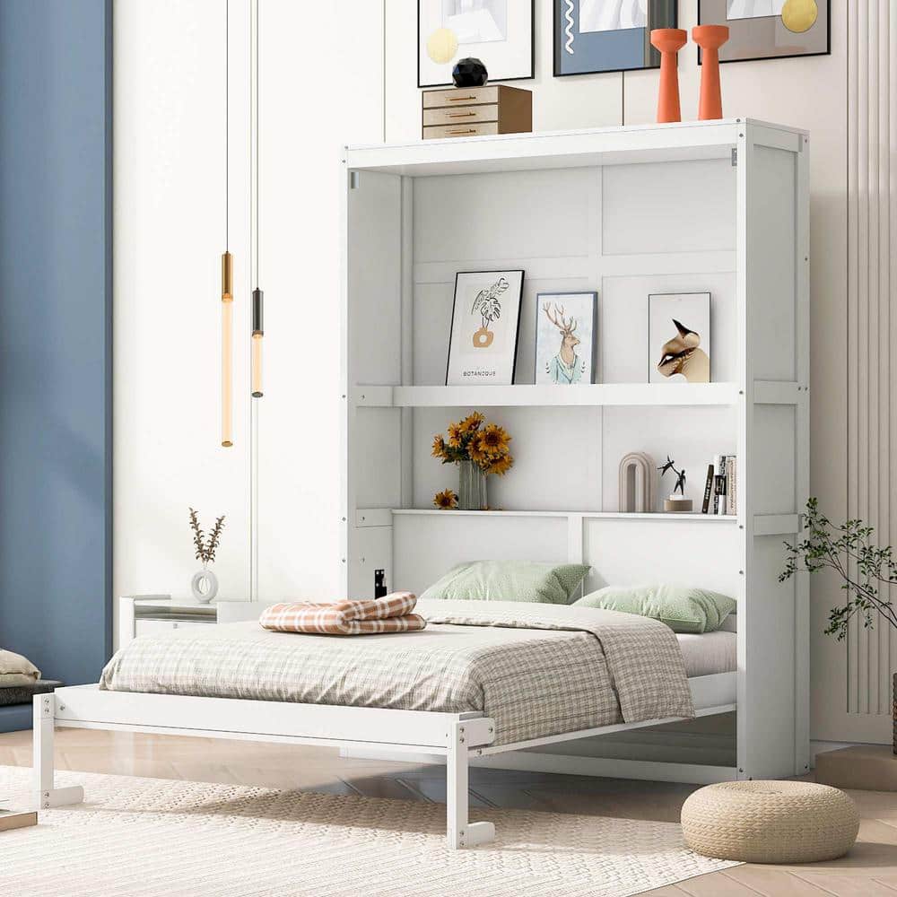 Polibi White Wood Frame Full Murphy Bed with Shelves RS-0006732AAK ...