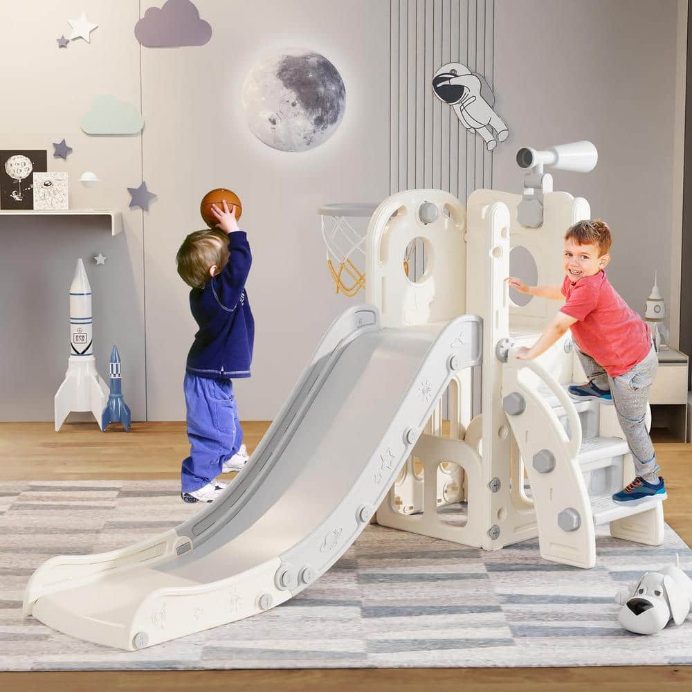 SEEUTEK 5 ft. White and Gray 6-in-1 Astronaut Toddler Slide Kids Indoor ...