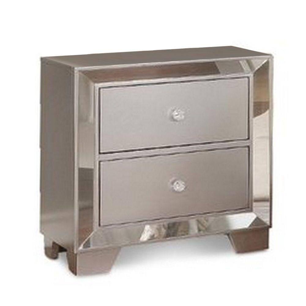 Benjara Silver 2 Drawer Nightstand with Mirrored Trim and Wood Frame ...