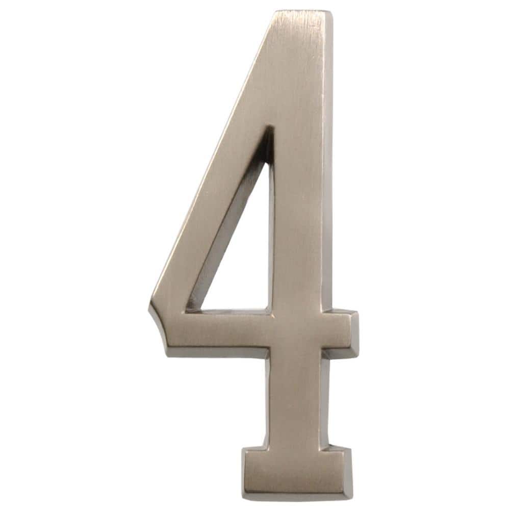 Everbilt 4 in. Satin Nickel Flush Mount Self-Adhesive House Number 4 ...