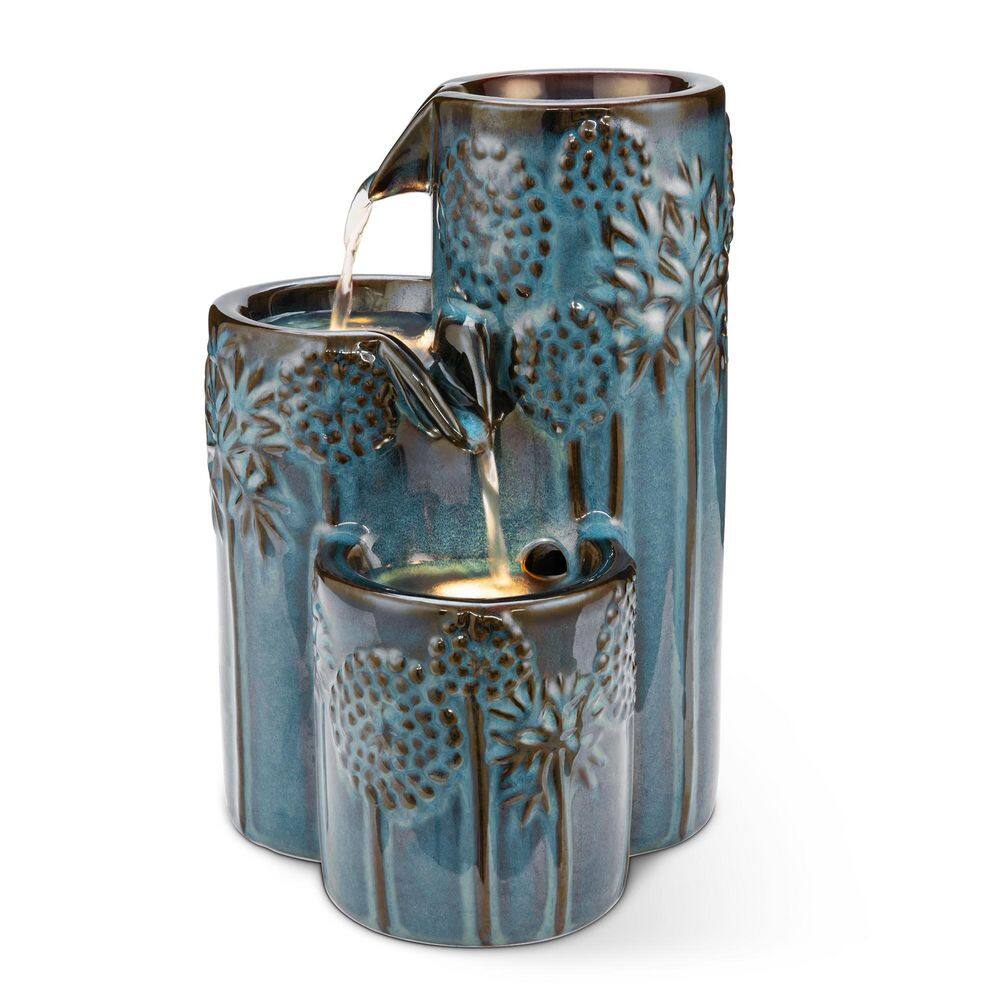 Glitzhome 10 in. H 3-Tier Turquoise Ceramic Tabletop Fountain with Pump ...