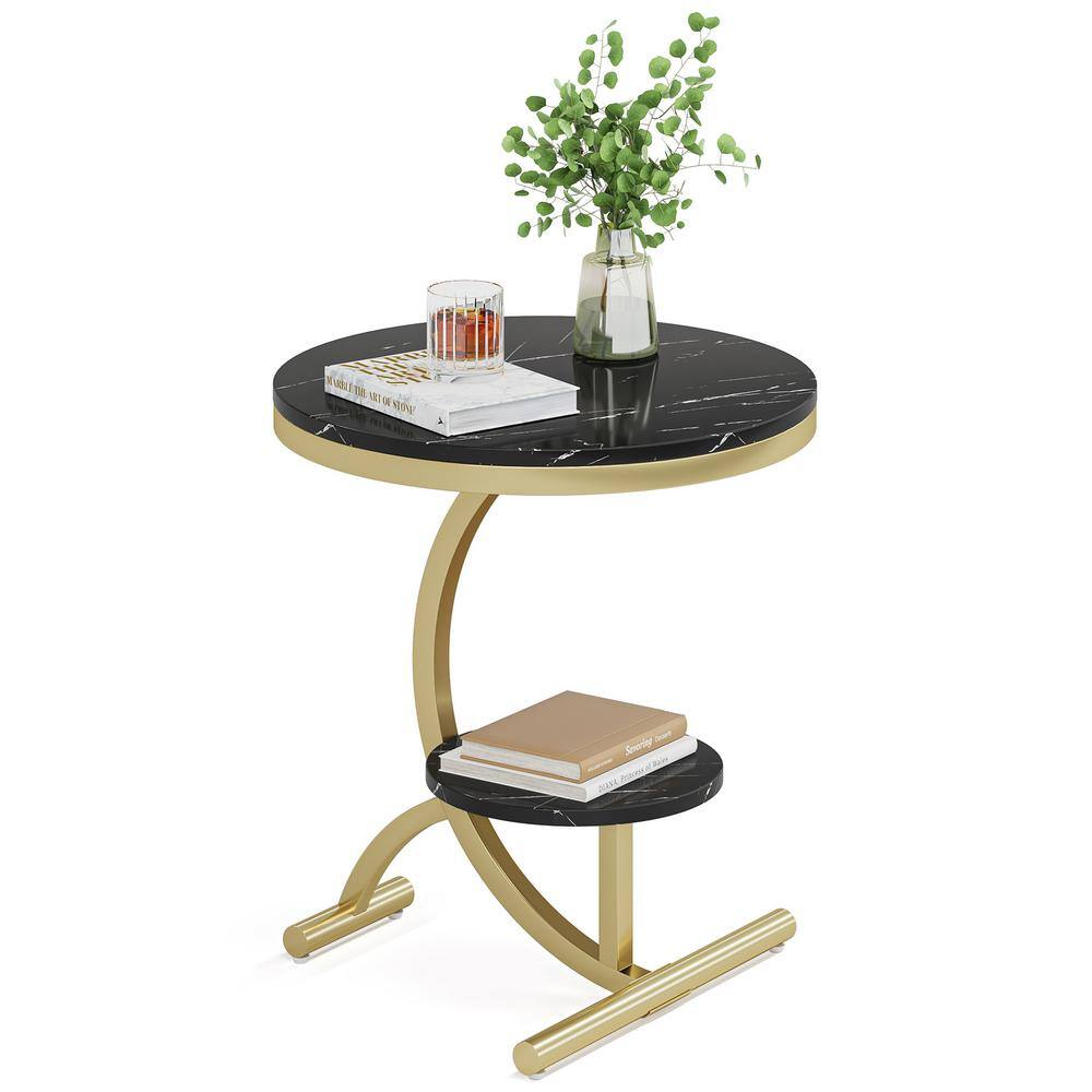 TRIBESIGNS WAY TO ORIGIN Andrea 20 in. Black Faux Marble 2-Tier Round Wood End Table with Gold ...