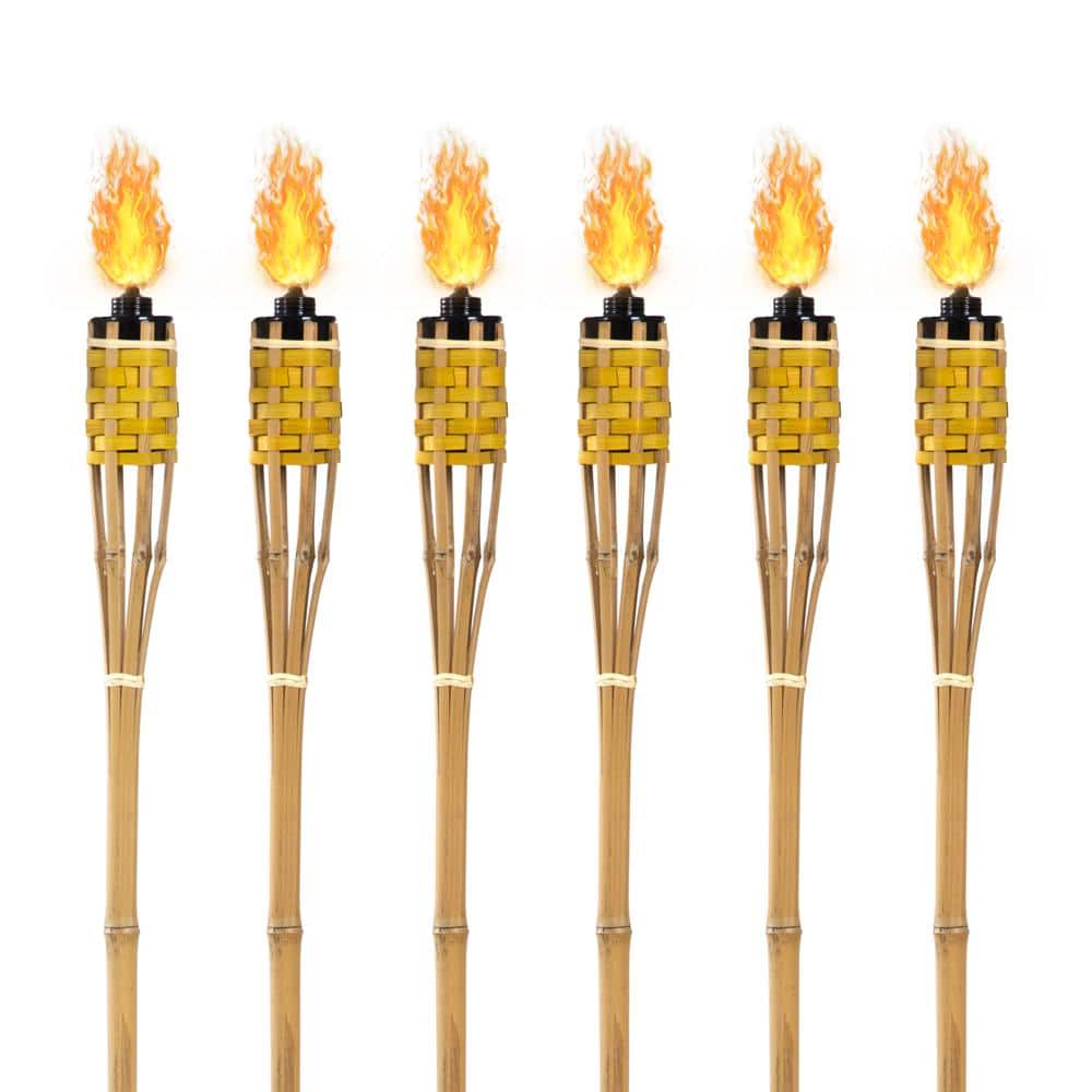Wellco 47 in.Yellow Bamboo Torches Includes Oil Canisters with Bamboo Covers to Protect from ...