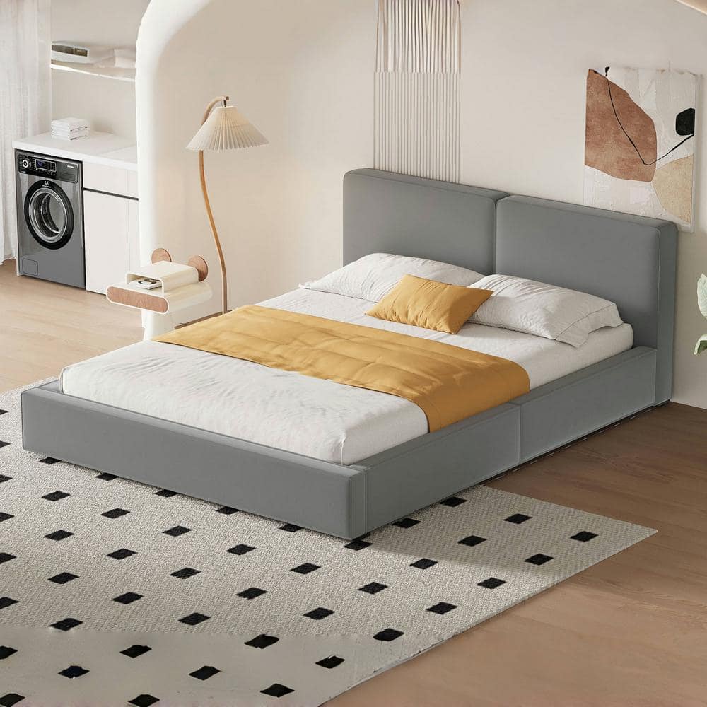 Harper & Bright Designs Gray Wood Frame Queen Size Velvet Upholstered ...
