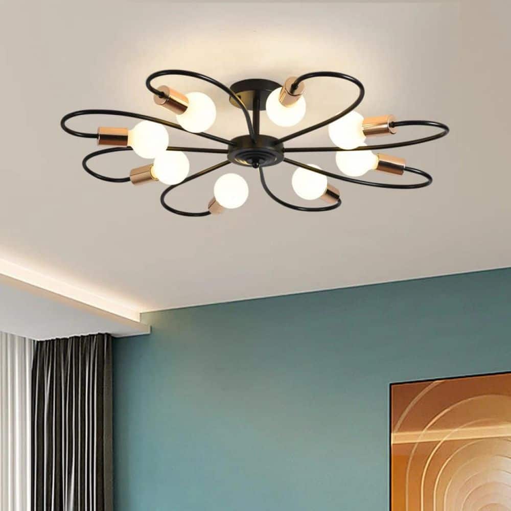 Genoci 33 in. 8-Light Black Sputnik Sphere Semi-Flush Mount with No ...