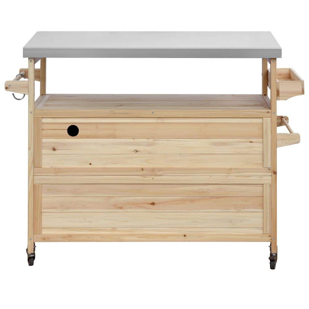Light Wood Outdoor Kitchen Cart with Stainless Steel Top, Spice Rack ...
