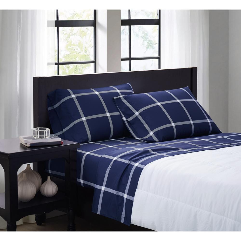 Truly Soft Printed Windowpane 4-Piece White/Navy Microfiber Queen Sheet ...