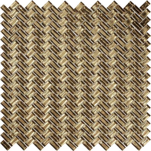 Apollo Tile Gold 4 in. x 5 in. Herringbone Polished Glass Mosaic Floor ...