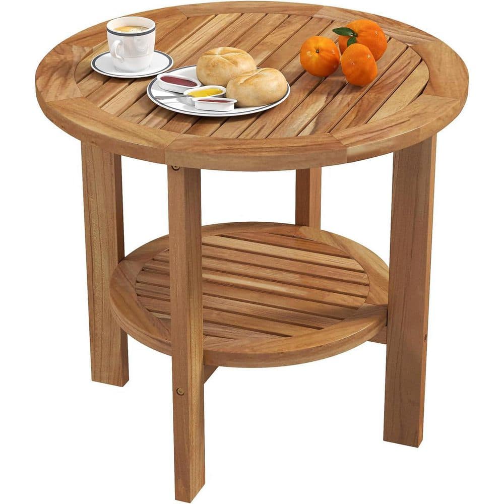 Poloma Round Side Table Teak Wood Patio End Table with Detachable ...
