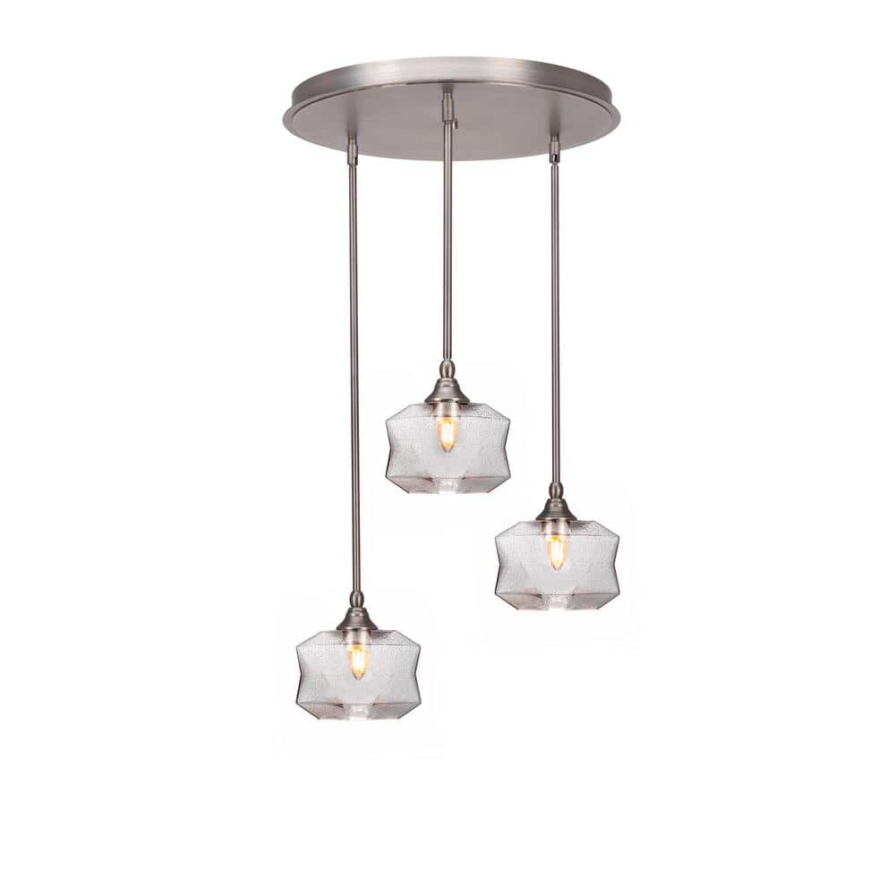 Villa 3 Light Brushed Nickel, Cluster Pendant Light with 8.75 in. Clear Bubble Glass Shades, No ...