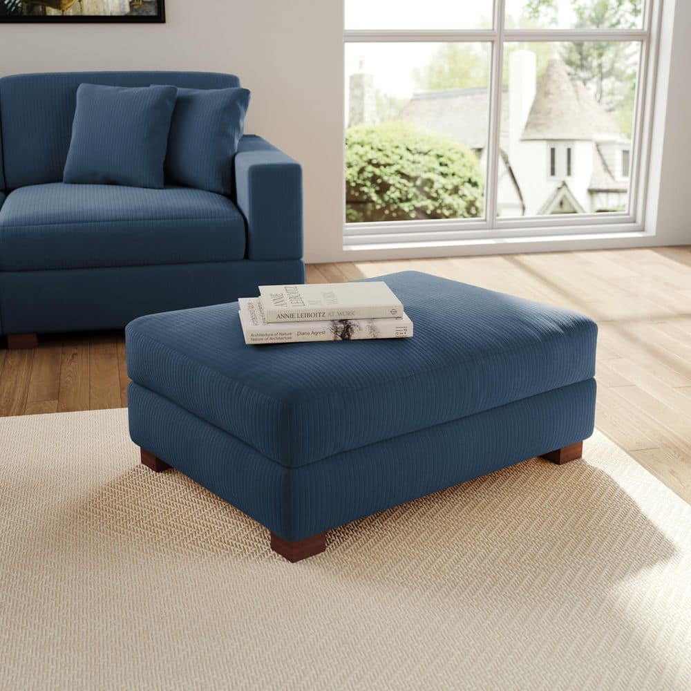 Uixe 41.5 in. Navy Blue Corduroy Fabric Rectangle Ottoman with Wood ...