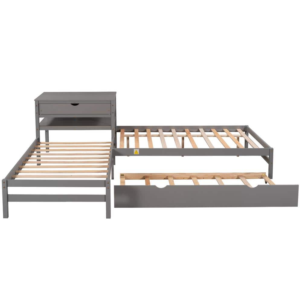 Aoibox Gray L-Shaped Full Size and Twin Size Platform Beds with Trundle ...