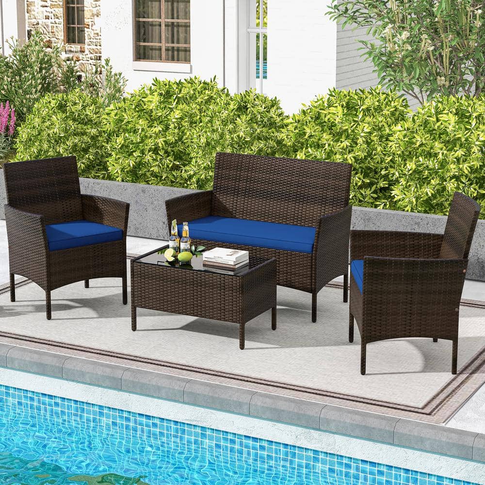 FORCLOVER 4-Piece Wicker Patio Conversation Set with Navy Cushions HYM ...