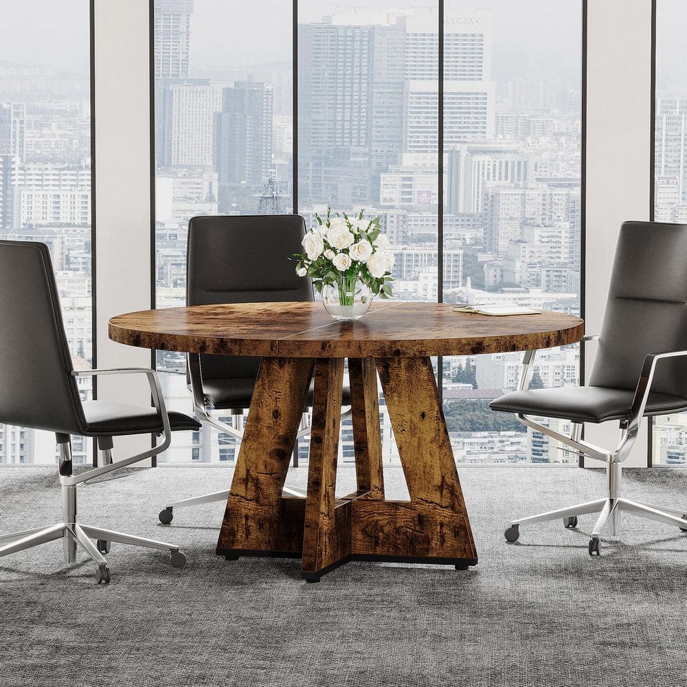 BYBLIGHT Moronia 47.25 in. Rustic Brown Round Conference Table for 4 ...