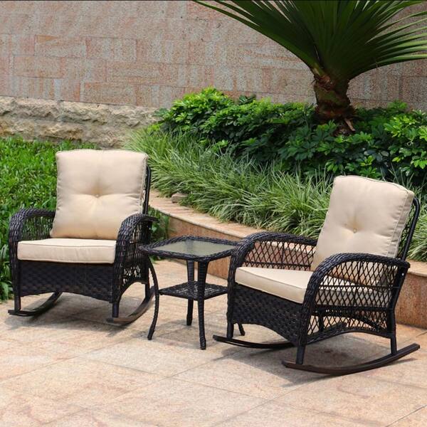 AFAIF 3 Pieces Conversation Set, Outdoor Wicker Rocker Patio Bistro Set ...