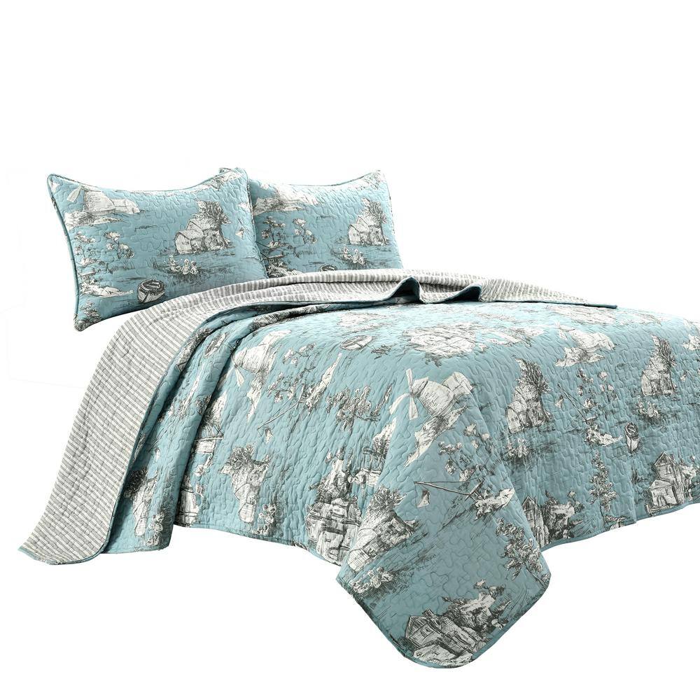 French Country Toile Cotton Reversible Quilt Blue/White 3Pc Set Full ...