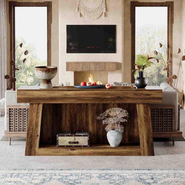 Turrella 63 in. Rustic Brown Rectangle Wood Console Table Farmhouse Sofa Table with Storage 2 Tier Behind Couch Table