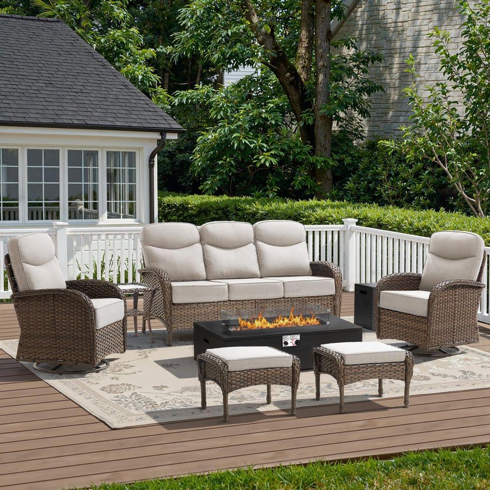 Pocassy High Crescent 7-Piece Brown Wicker Patio Conversation Set with ...